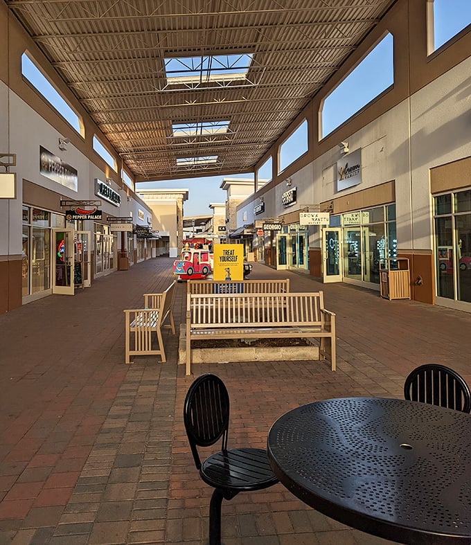 Clean, wide pathways and thoughtful design make this outlet mall a pleasure to explore.