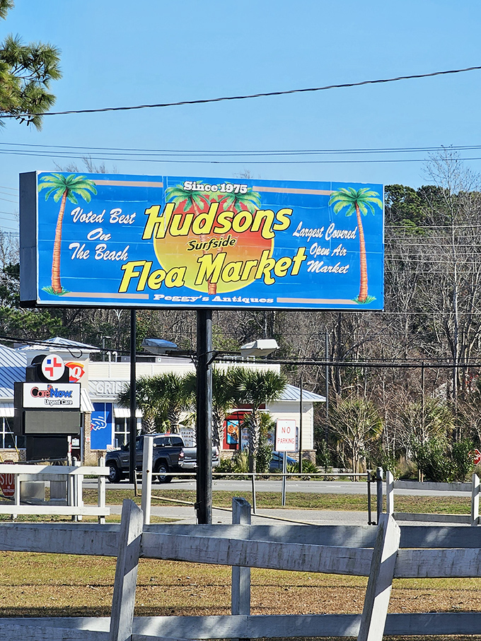 Beach vibes and bargain hunting since 1975! Hudson's colorful sign has guided generations of treasure seekers to paradise.