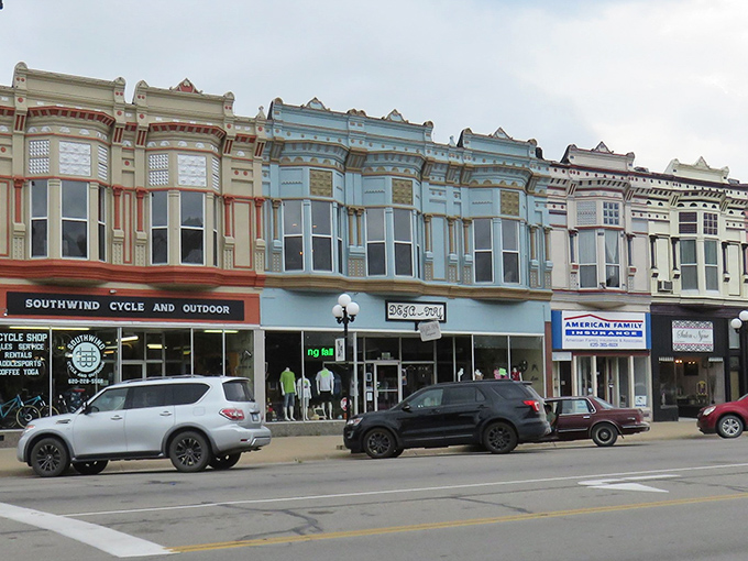 Pastel-colored storefronts in Iola house shops where prices seem as quaint as the architecture.