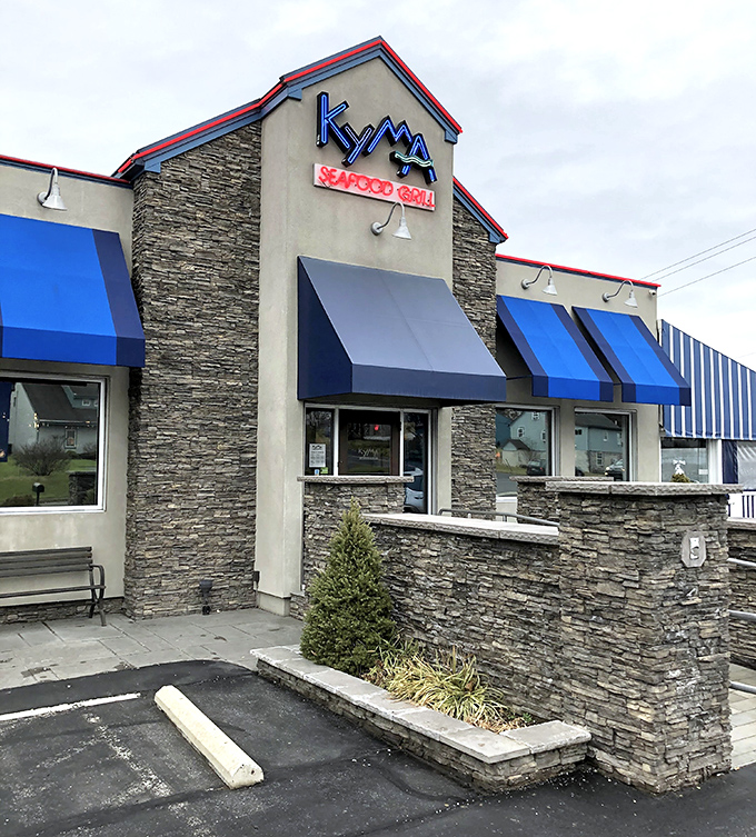 Modern stone facade hints at the elevated seafood experience waiting inside this Lancaster County surprise.