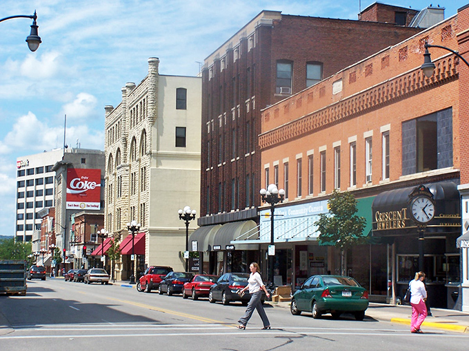 La Crosse: Historic buildings stand tall against a brilliant blue sky. The stores look like they belong in a nostalgic painting!