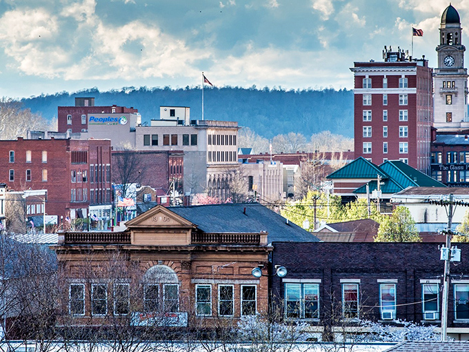 Marietta's historic towers peek through the trees like old friends waving hello from river days.