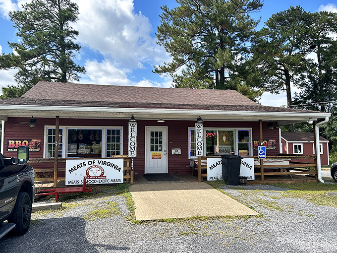 Meats of Virginia's rustic red building looks like it belongs on a country postcard. Real Virginia ham happens here, folks.
