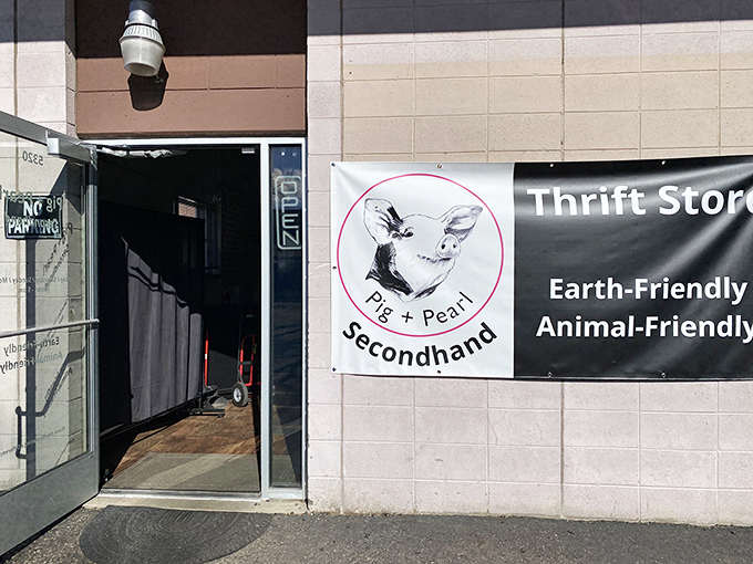 Pig + Pearl's quirky signage announces its earth-friendly mission with adorable animal ambassador included.