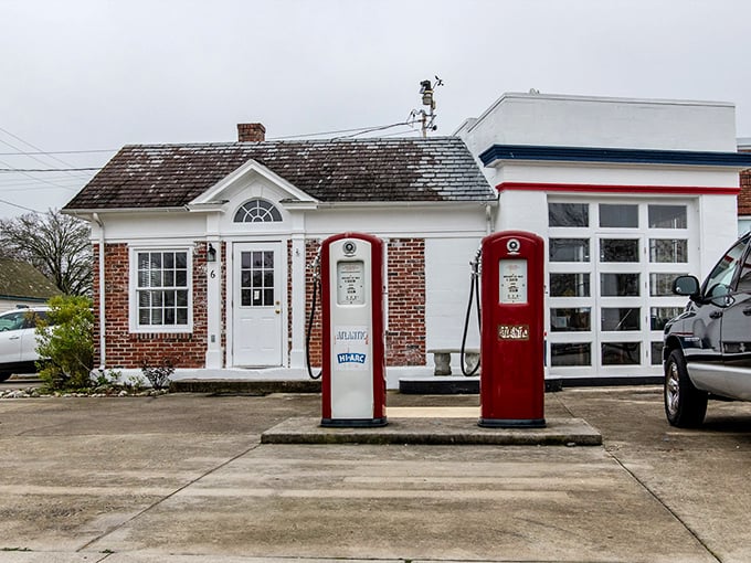 Pocomoke City's vintage gas station&mdash;a reminder that small-town charm comes with prices from a bygone era.