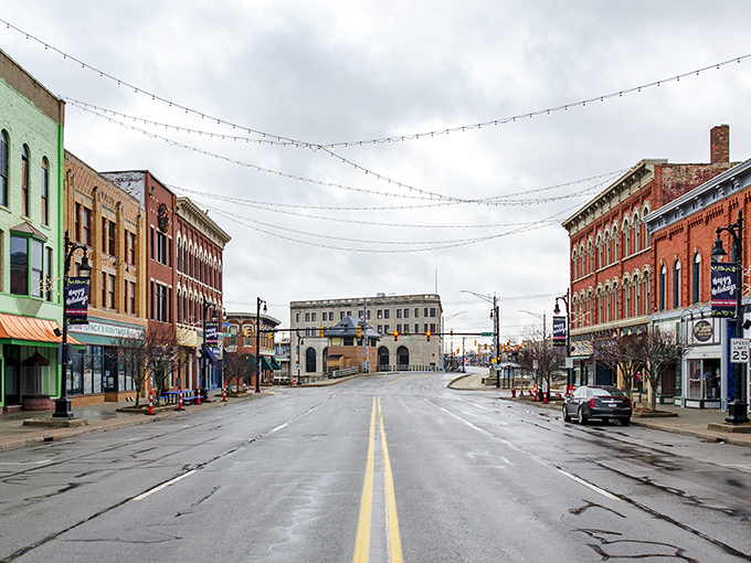 Port Huron's main street features festive lighting and colorful storefronts that create a cheerful atmosphere year-round.