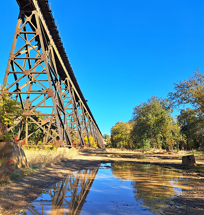 This historic railroad bridge reflects in still waters, connecting Redding's past to its peaceful present.