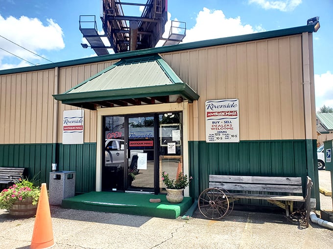 Green and tan simplicity often hides the most spectacular vintage surprises just beyond those doors.