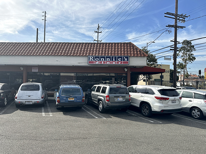Red awning, full parking lot - the universal signs of a breakfast spot worth waiting for.