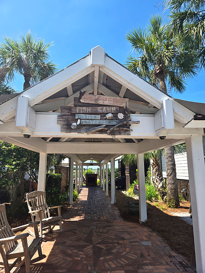 Skipper's Fish Camp's entrance feels like walking into a maritime storybook. The brick pathway leads to seafood treasures.