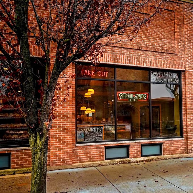 Autumn leaves frame this brick beauty where Madison's sandwich lovers gather for their deli fix.