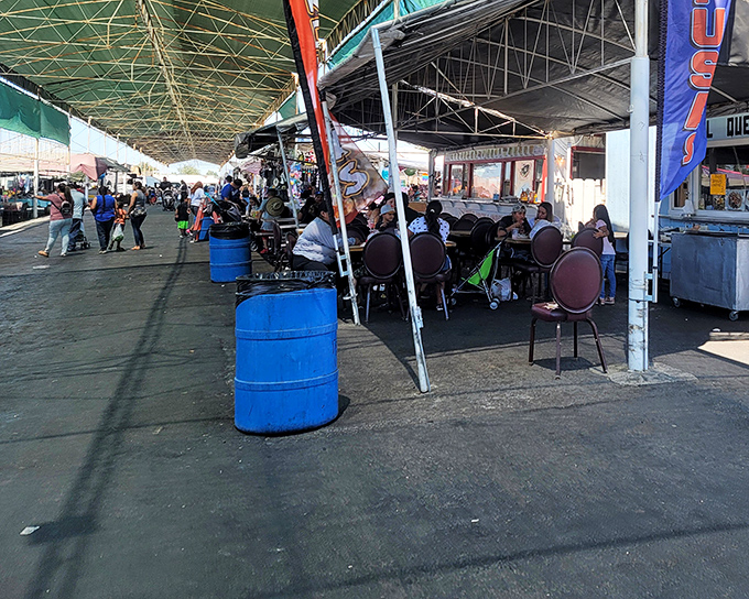 Lunch break under the big top! Stockton's swap meet dining area serves up people-watching with a side of shade, perfect for resting weary bargain-hunting feet.