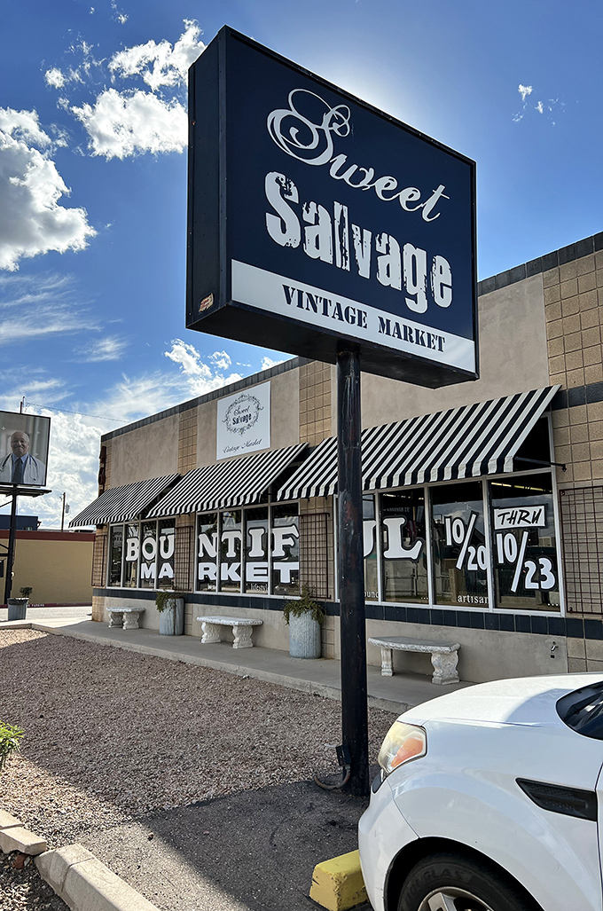 Sweet Salvage's bold signage promises a different kind of antique experience - polished, curated, and absolutely delightful.
