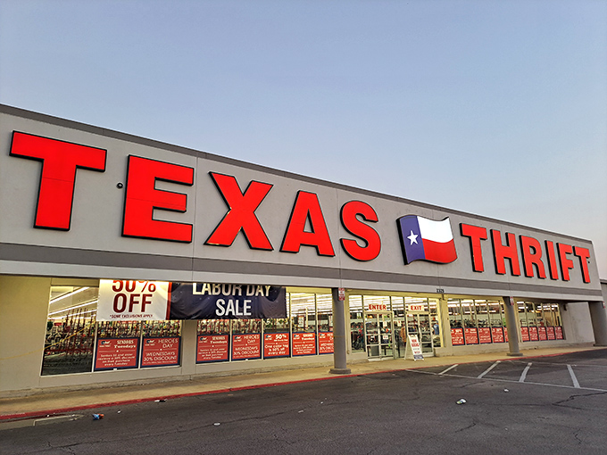 Texas Thrift on FM 1960 announces itself with unmistakable Lone Star pride. That red sign means red-hot bargains inside!
