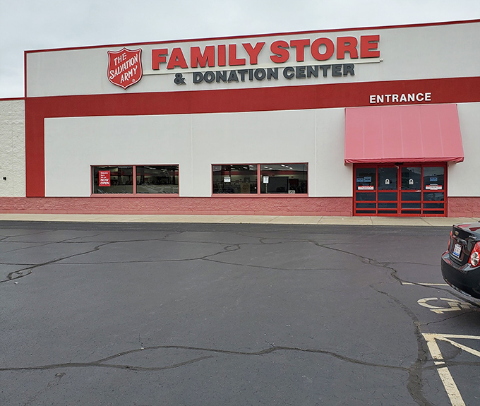 The Salvation Army's red and white storefront stands proud, where shopping smart also supports community programs.