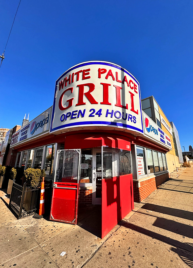 The White Palace Grill's iconic sign has guided hungry night owls for generations. Open 24 hours because cravings don't follow clocks.