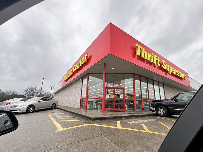 Thrift Superstore's bold red signage promises exactly what it delivers - supersized savings on everything imaginable.