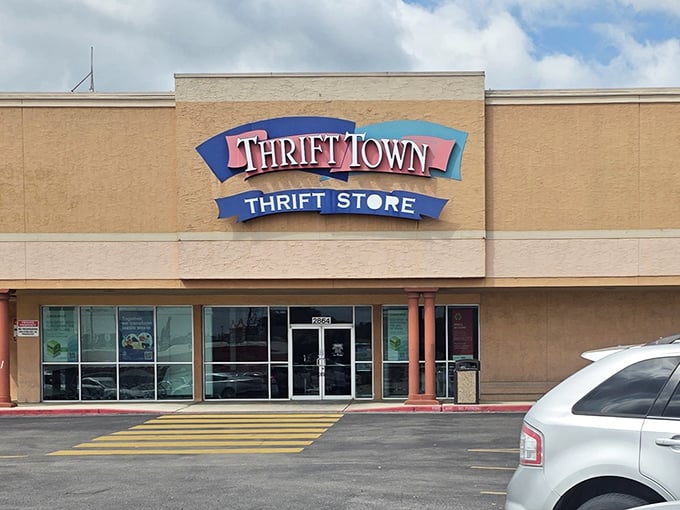 Thrift Town's colorful sign hints at the adventure waiting inside this secondhand shopping destination.