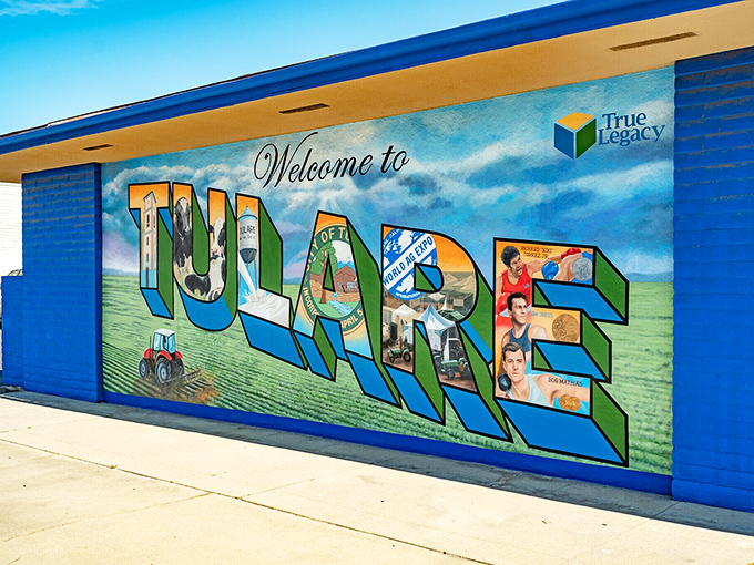 This vibrant mural tells Tulare's story in living color - where agriculture, community spirit, and Central Valley pride paint the town.