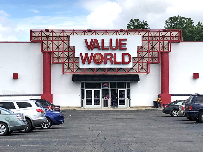 The towering Value World sign stands like a beacon calling all treasure hunters to shopping salvation.