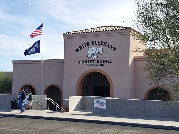 The White Elephant's elegant arches and desert-toned exterior houses volunteer-powered bargain magic.