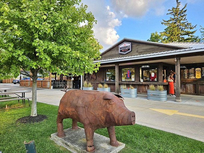 That metal pig statue isn't just decoration - it's a promise of the pork perfection waiting inside this place.