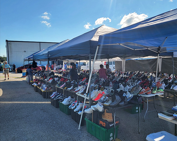 Sneaker heaven! Enough footwear choices to make Imelda Marcos jealous, all displayed under the Maryland sun.