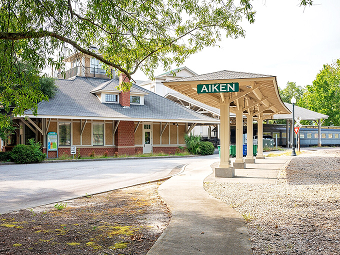 Aiken's historic depot stands ready for adventures, where railroad dreams once carried passengers to new horizons.