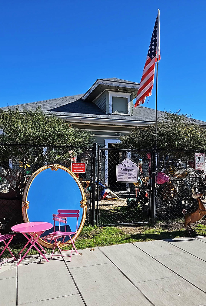 A pink table, golden mirror, and American flag create the perfect welcome committee. This isn't just shopping—it's a patriotic treasure hunt with character!