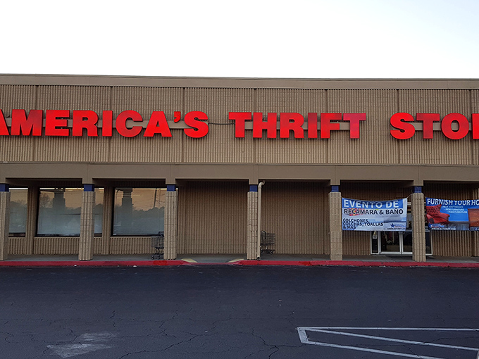 The bold red letters promise patriotic-sized bargains inside. This thrift store declares independence from retail prices!