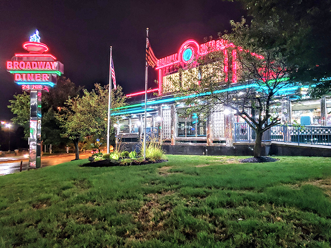 When neon lights dance across a diner this beautiful, you know the coffee's strong and the pie's fresh.