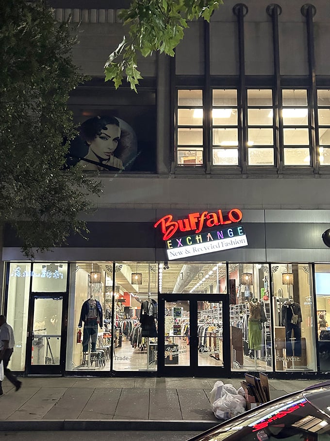 Night or day, Buffalo Exchange's neon glow serves as a beacon for fashion-forward bargain hunters. Urban thrifting at its most sophisticated!