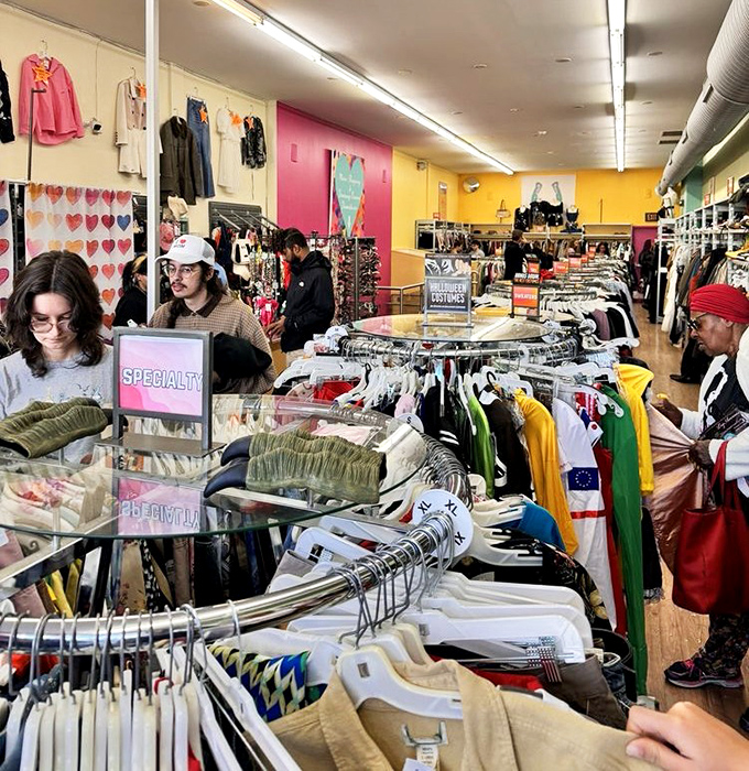 Inside Buffalo Exchange, a kaleidoscope of colors and patterns awaits the savvy shopper with an eye for style.
