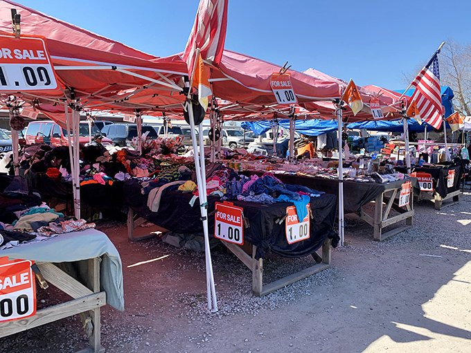 Flea market fashion show! Colorful clothing displays invite shoppers to update their wardrobe without updating their credit card bill.