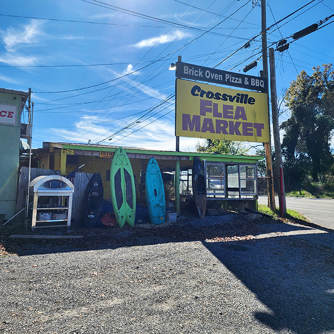 Kayaks lean against buildings like colorful sentries guarding the entrance to this treasure-filled shopping wonderland.