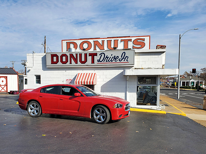 That retro red Camaro knows good donuts when it sees them - smart car, smarter choice.