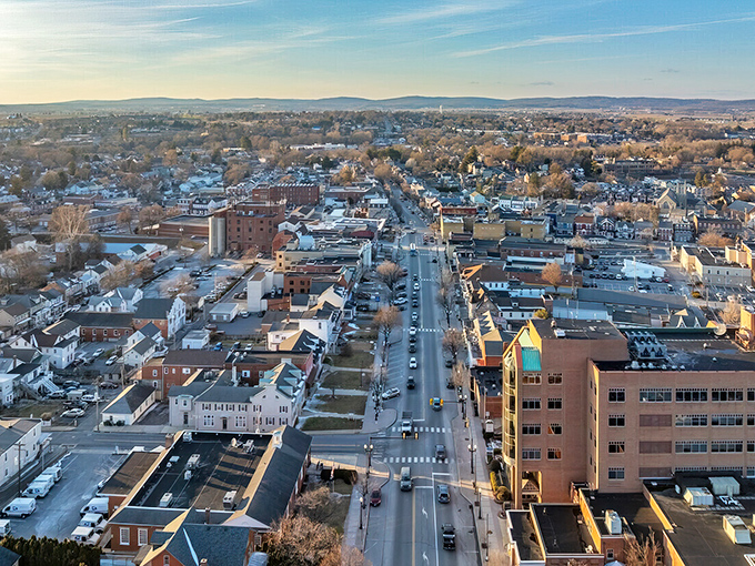Ephrata from above looks like a model train village come to life, with its neat streets and historic church spires.