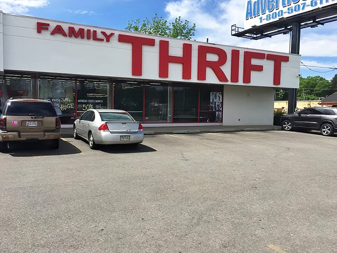 The bold red "THRIFT" sign beckons like a lighthouse for bargain hunters navigating the sea of retail options.
