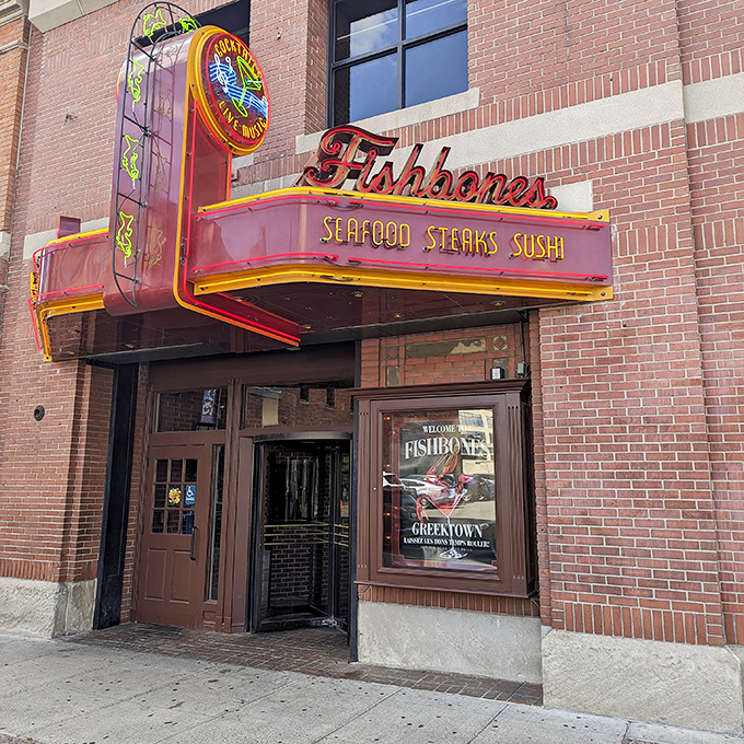 Historic brick outside, seafood paradise inside. Fishbones stands proud on its corner, a Detroit institution that's seen it all and still serves the best.
