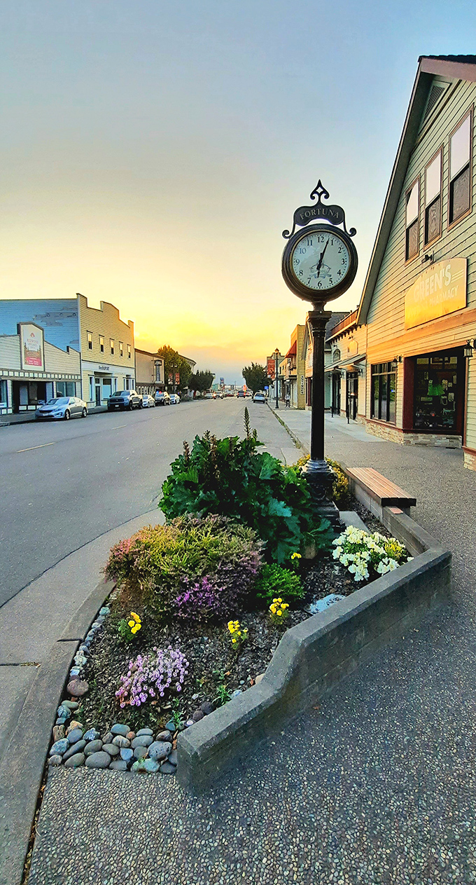 Time stands still! Fortuna's charming street clock bathes in golden hour light, surrounded by flowers that seem to whisper, "Slow down, what's your hurry?"