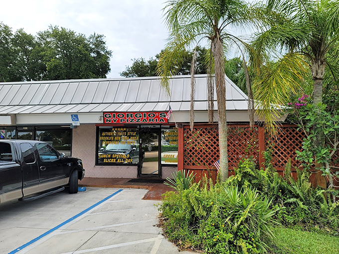 That classic pizzeria storefront with Italian colors tells you everything about the serious pizza craftsmanship happening inside.