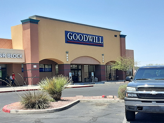 The modern storefront and desert landscaping create an inviting atmosphere for treasure hunters seeking quality secondhand goods.