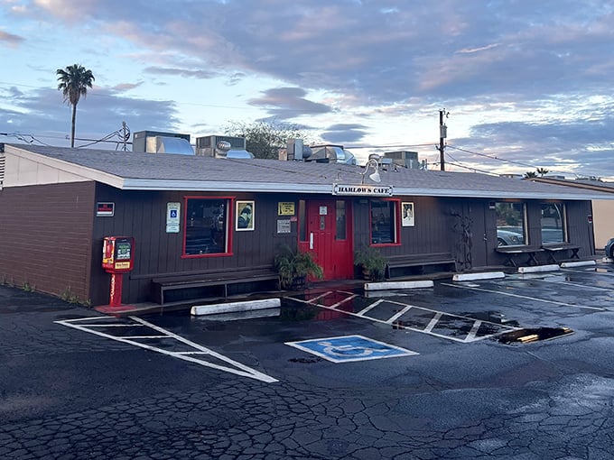 Evening light hits this humble cafe just right, promising morning magic awaits inside.
