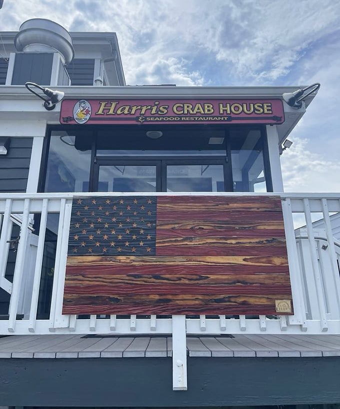 That patriotic crab flag tells you everything about Maryland pride and seafood done right.