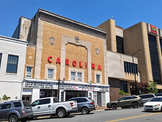 The Carolina Theatre's art deco facade gleams proudly in Hickory, offering cultural entertainment at refreshingly reasonable prices.