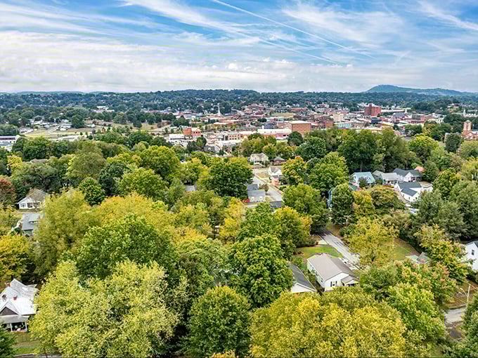 Tree-lined neighborhoods stretch toward the mountains like a Bob Ross painting come to life.