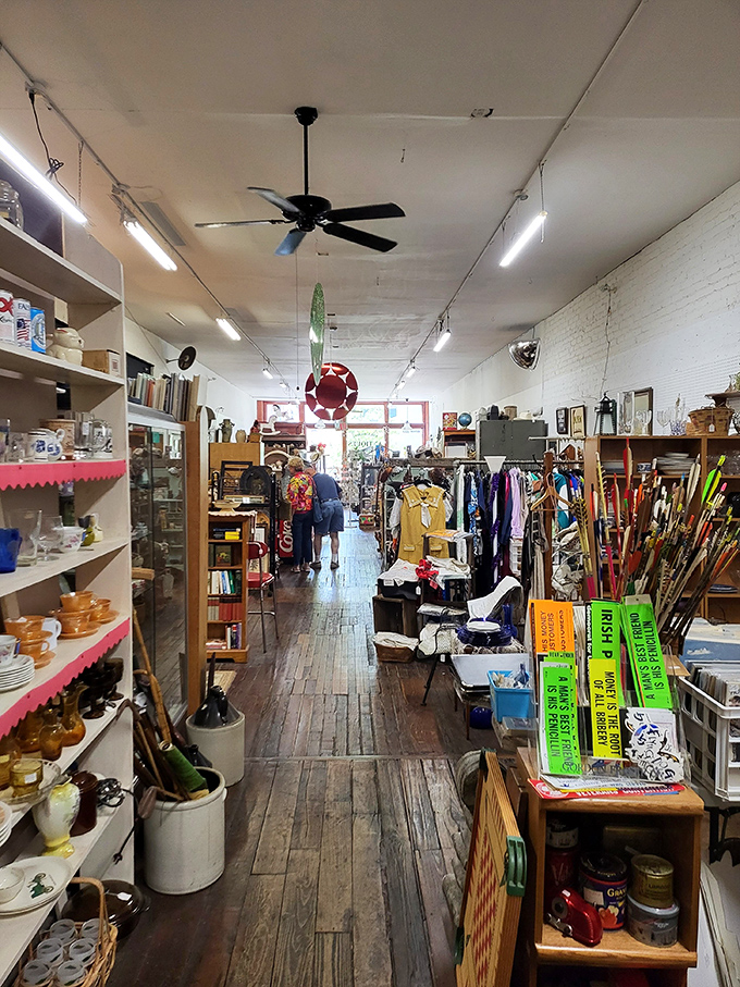 Narrow aisles and wooden floors create the perfect treasure hunt atmosphere. The creak underfoot is just applause for your finds.