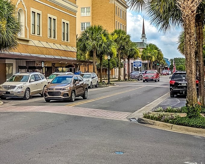 Main Street nostalgia comes alive where church spires point toward endless blue skies.