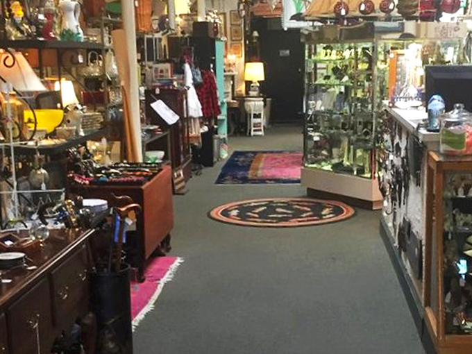 Narrow aisles packed floor-to-ceiling create the ultimate treasure hunt for determined antique enthusiasts.