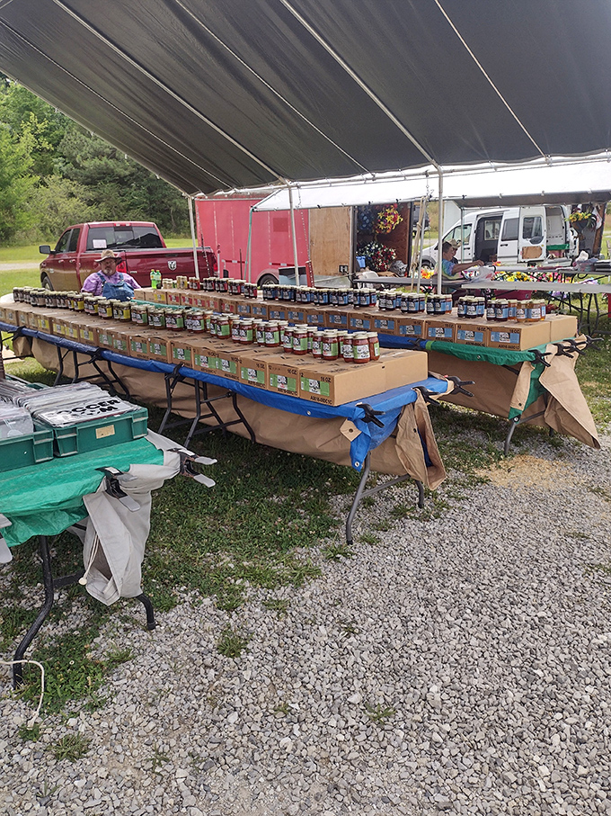 Tables loaded with mason jars suggest someone's grandmother would feel right at home shopping here.
